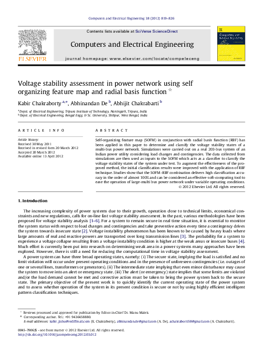 (PDF) Voltage stability assessment in power network using self organizing feature map and radial ...