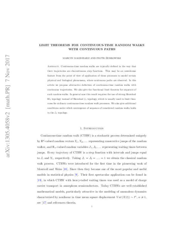 Pdf Limit Theorems For Continuous Time Random Walks With Continuous Paths