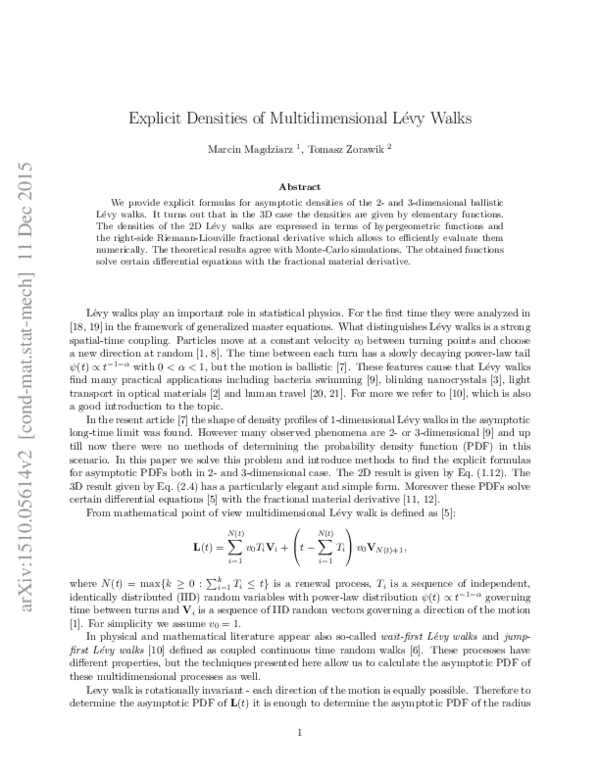 (PDF) Explicit Densities of Multidimensional Lévy Walks | Marcin Magdziarz - Academia.edu
