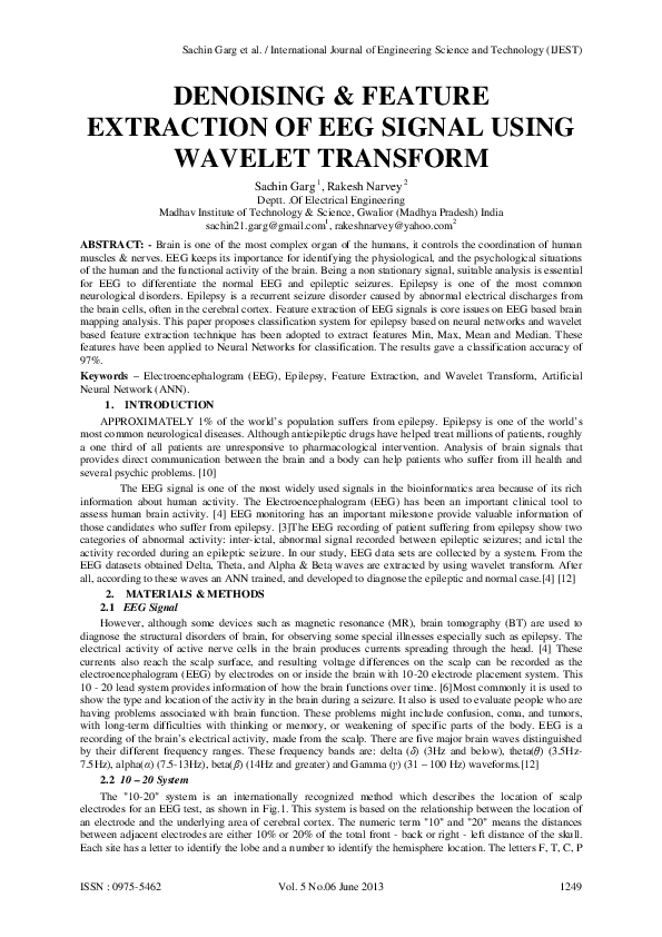 Pdf Denoising And Feature Extraction Of Eeg Signal Using Wavelet Transform
