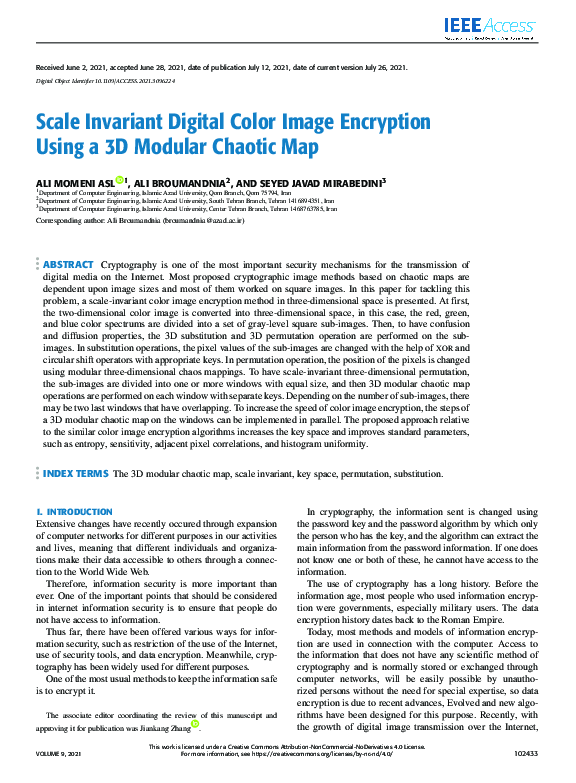 Pdf Scale Invariant Digital Color Image Encryption Using A 3d Modular Chaotic Map