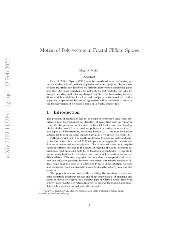 Pdf Motion Of Poly Vectors In Fractal Clifford Spaces