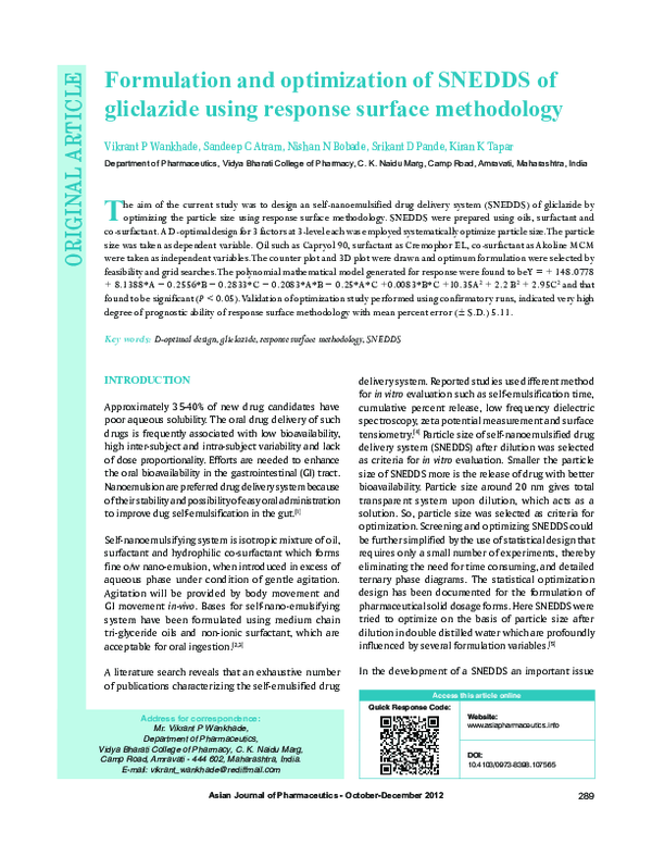 (PDF) Formulation and optimization of SNEDDS of gliclazide using ...