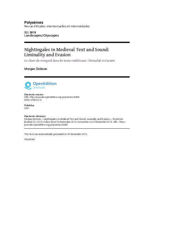(PDF) Nightingales in Medieval Text and Sound: Liminality and Evasion