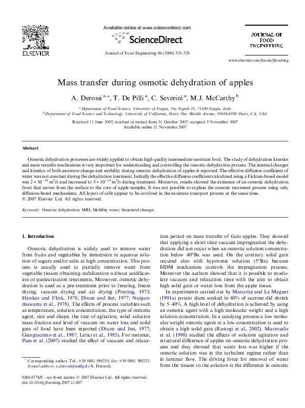 (PDF) Mass transfer during osmotic dehydration of apples