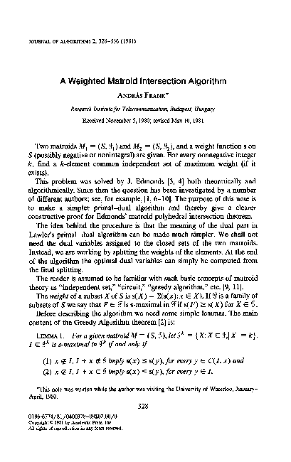 (PDF) A weighted matroid intersection algorithm