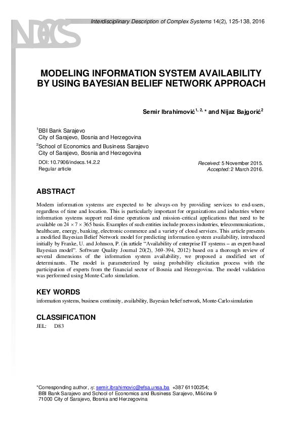 (PDF) Modeling Information System Availability by using Bayesian Belief Network Approach