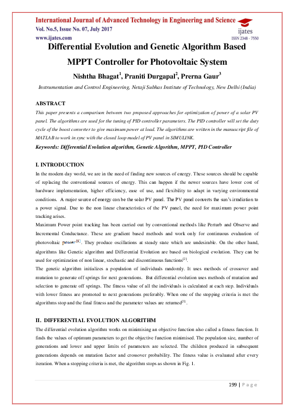 Pdf Differential Evolution And Genetic Algorithm Based Mppt