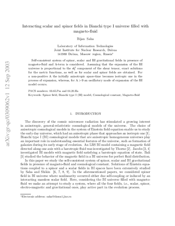 (PDF) Interacting scalar and spinor fields in Bianchi type I universe filled with magneto-fluid