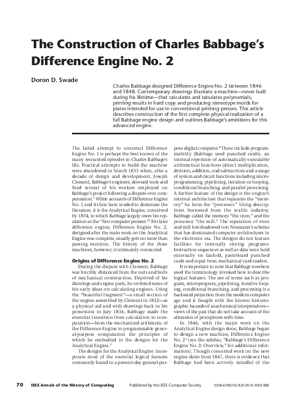 (PDF) The Construction of Charles Babbage's Difference Engine No. 2