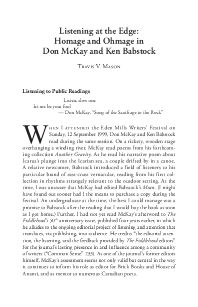 (PDF) Listening at the Edge: Homage and Ohmage in Don McKay and Ken ...