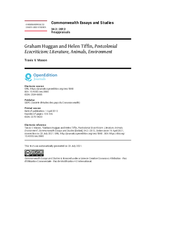(PDF) Graham Huggan and Helen Tiffin, Postcolonial Ecocriticism ...