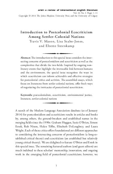 (PDF) Introduction to Postcolonial Ecocriticism Among Settler-Colonial ...