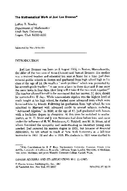(PDF) The mathematical work of Joel Lee Brenner