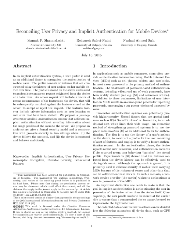 Pdf Reconciling User Privacy And Implicit Authentication For Mobile Devices