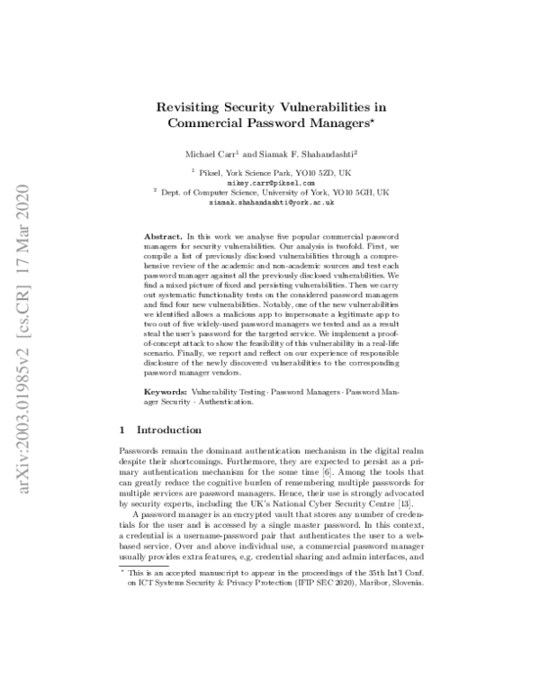 (PDF) Revisiting Security Vulnerabilities in Commercial Password Managers