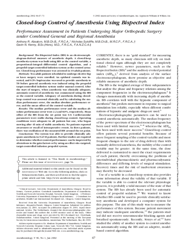 (PDF) Closed-loop Control of Anesthesia Using Bispectral Index