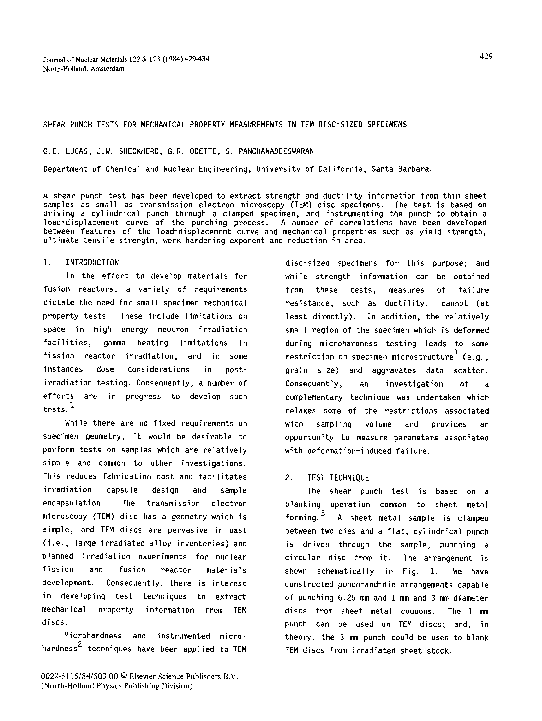 (PDF) Shear punch tests for mechanical property measurements in TEM ...