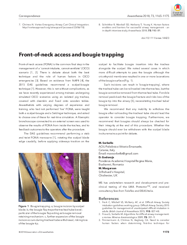 (PDF) Front-of-neck access and bougie trapping | Massimiliano Sorbello ...