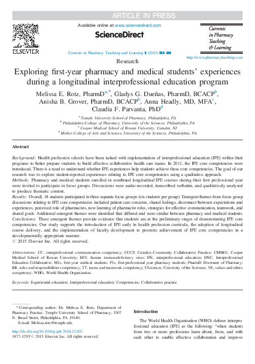 (PDF) Exploring first-year pharmacy and medical students’ experiences during a longitudinal ...