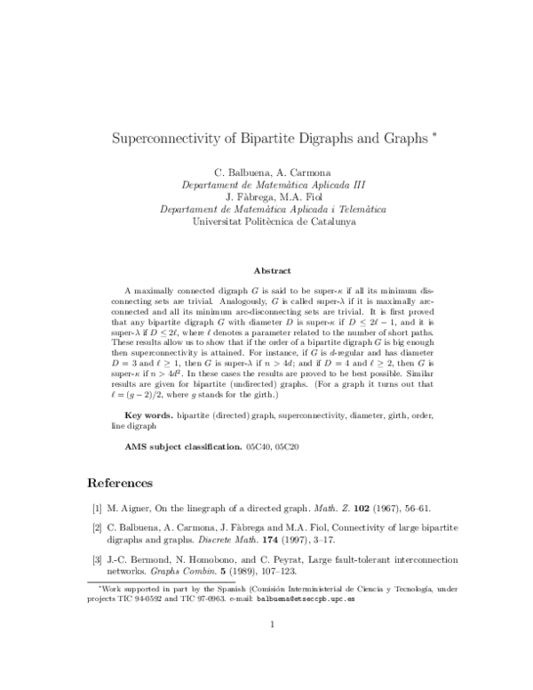 (PDF) Superconnectivity of bipartite digraphs and graphs
