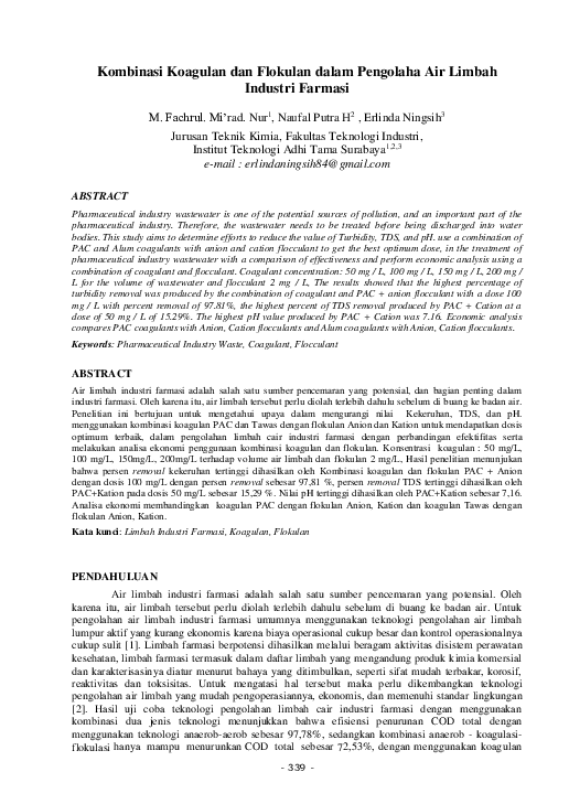 (PDF) Kombinasi Koagulan dan Flokulan dalam Pengolaha Air Limbah ...