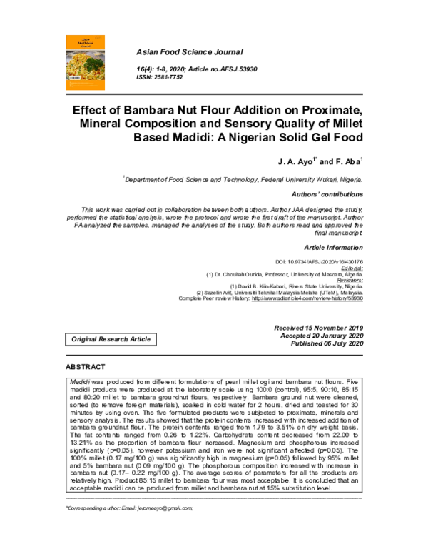 (PDF) Effect of Bambara Nut Flour Addition on Proximate, Mineral ...