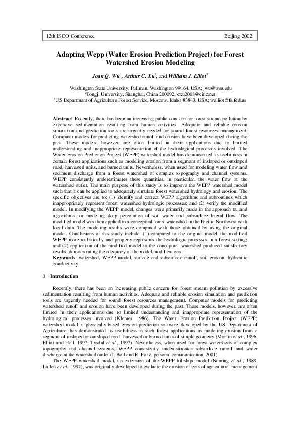 (PDF) Adapting WEPP (water erosion prediction project) for forest watershed erosion modeling