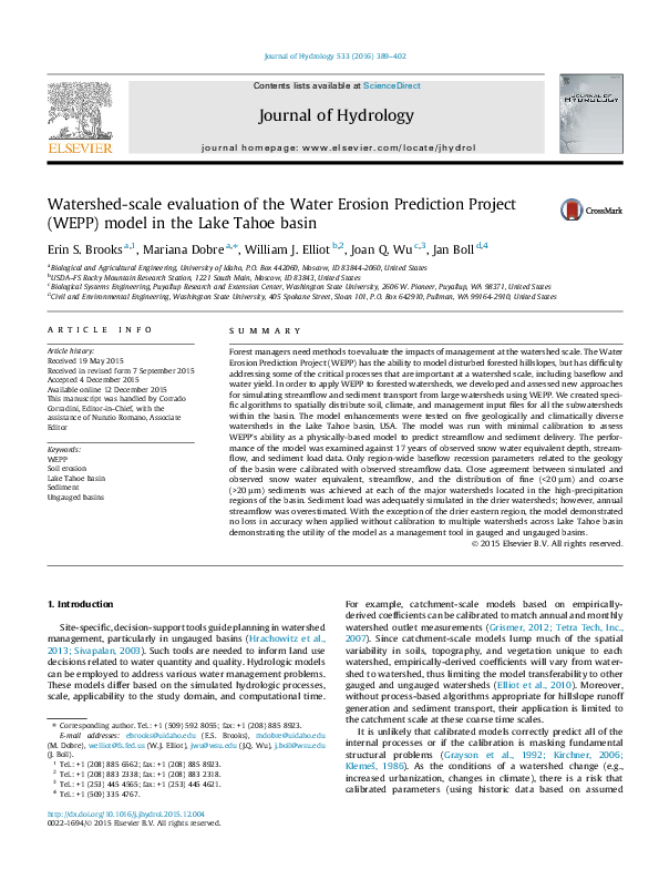 (PDF) Watershed-scale evaluation of the Water Erosion Prediction Project (WEPP) model in the ...