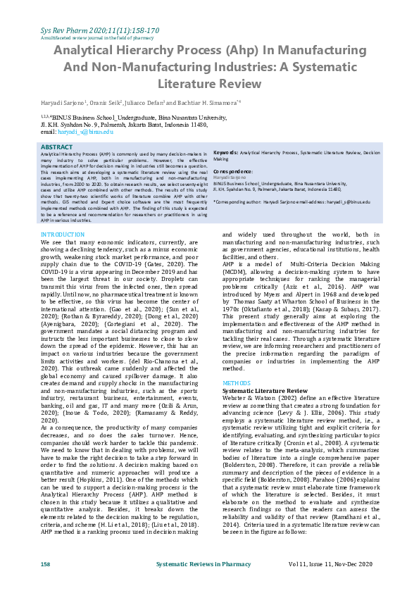 (PDF) Analytical Hierarchy Process (Ahp) In Manufacturing And Non ...