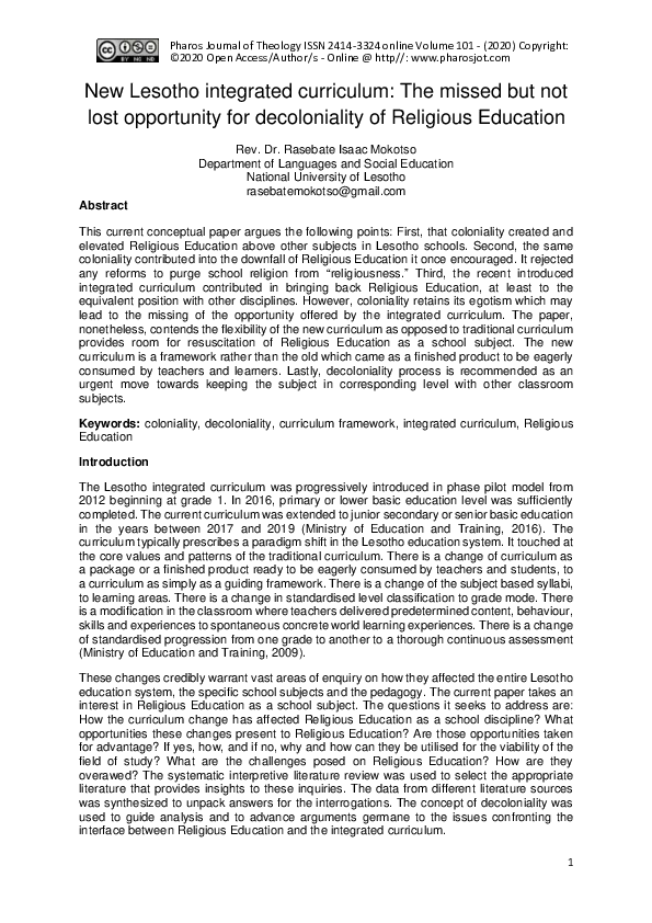 (PDF) New Lesotho integrated curriculum: The missed but not lost ...