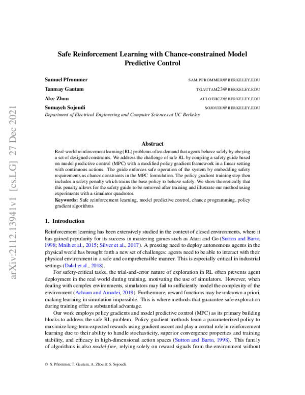(PDF) Safe Reinforcement Learning with Chance-constrained Model Predictive Control