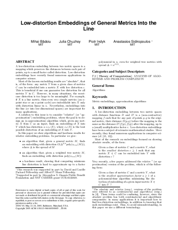 Pdf Low Distortion Embeddings Of General Metrics Into The Line