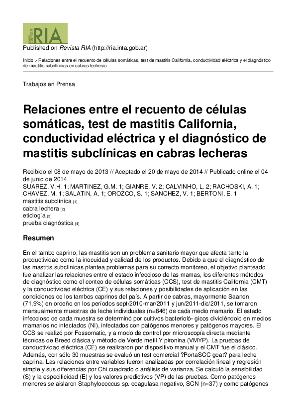 (PDF) Relaciones entre el recuento de células somáticas, test de ...