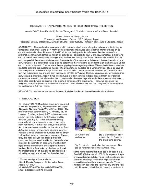 (PDF) Simulation of Avalanche Motion for Design of Snow Prediction