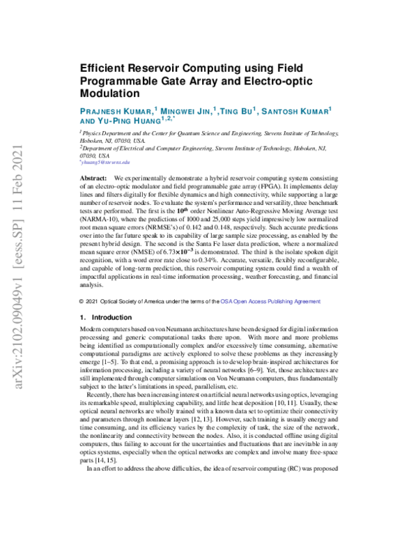 (PDF) Efficient reservoir computing using field programmable gate array and electro-optic modulation