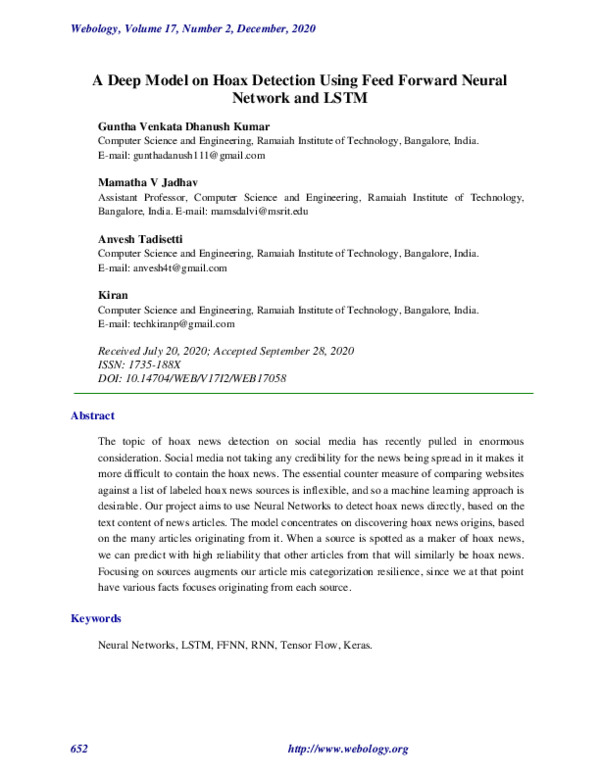 Pdf A Deep Model On Hoax Detection Using Feed Forward Neural Network And Lstm