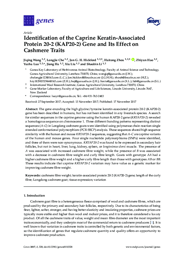 (PDF) Identification of the Caprine Keratin-Associated Protein 20-2 ...