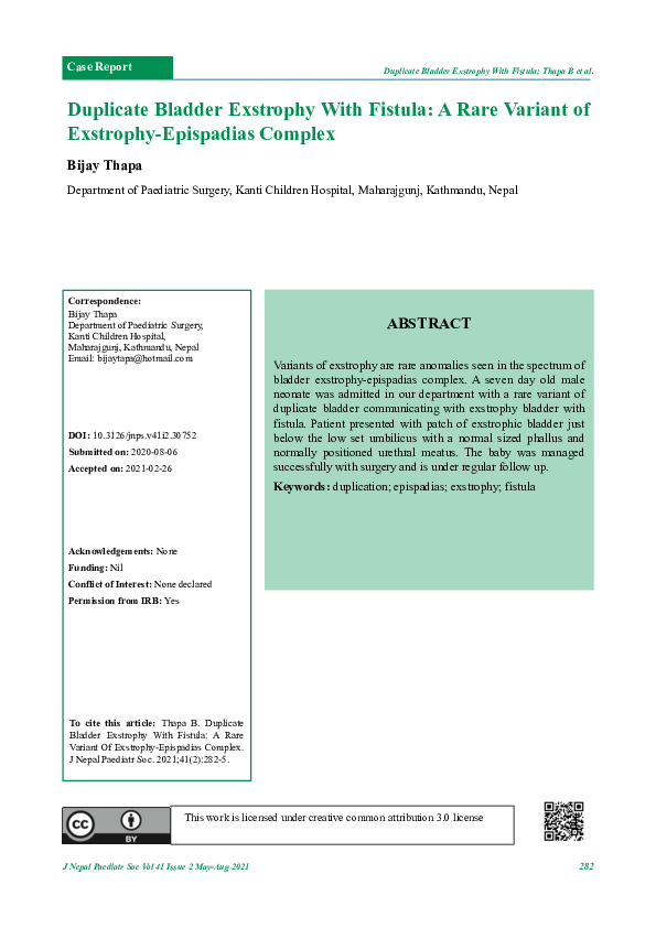 (PDF) Duplicate Bladder Exstrophy With Fistula: A Rare Variant of ...