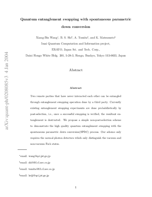 Pdf Quantum Entanglement Swapping With Spontaneous Parametric Down