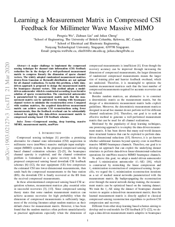 (PDF) Learning a Measurement Matrix in Compressed CSI Feedback for Millimeter Wave Massive MIMO ...