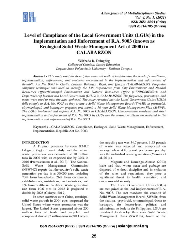 (PDF) Level of Compliance of the Local Government Units (LGUs) in the ...