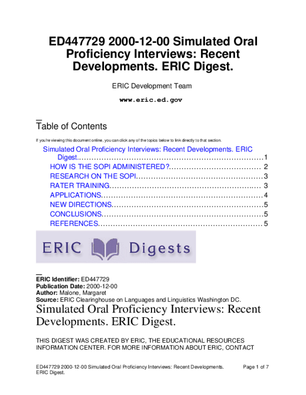 (PDF) Simulated Oral Proficiency Interviews Recent Developments