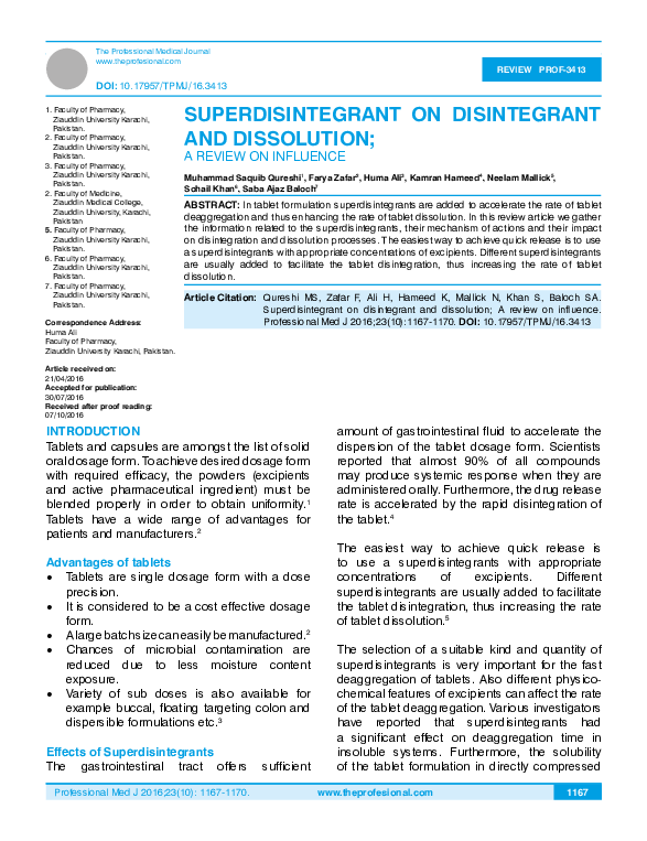 (PDF) Superdisintegrant on Disintegrant and Dissolution