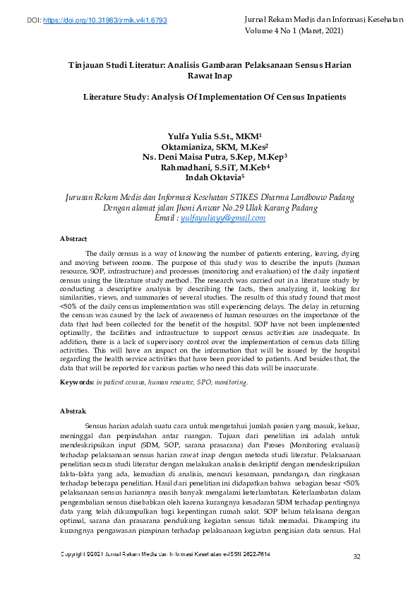 (PDF) Tinjauan Studi Literatur: Analisis Gambaran Pelaksanaan Sensus Harian Rawat Inap