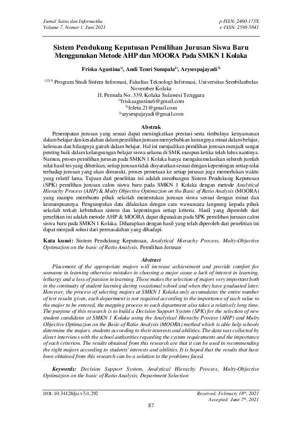 (PDF) SPK Pemilihan Jurusan Siswa Baru Menggunakan Metode AHP dan MOORA Pada SMKN 1 Kolaka