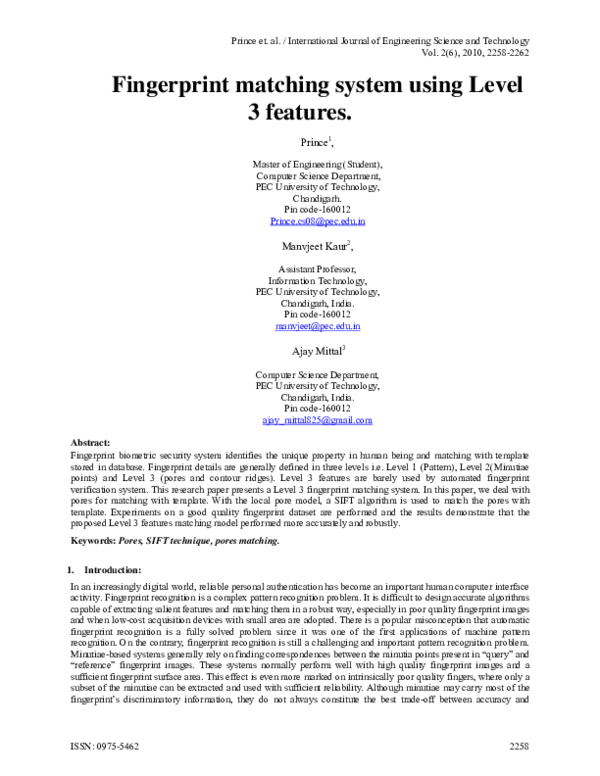 (PDF) Fingerprint matching system using