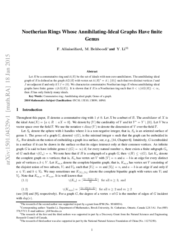 (PDF) Noetherian Rings Whose Annihilating-Ideal Graphs Have finite Genus