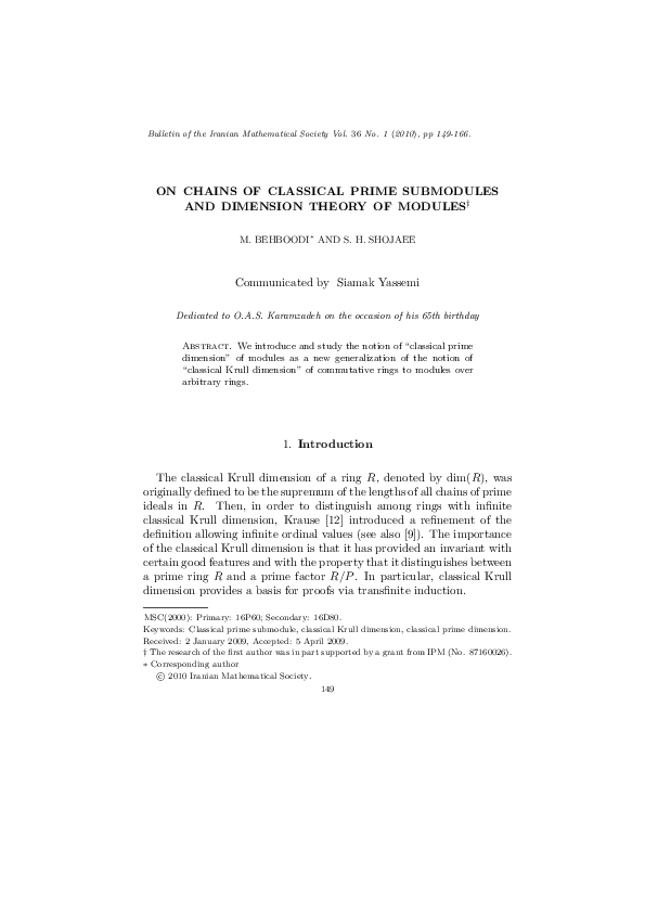 (PDF) On Chains of Classical Prime Submodules and Dimension Theory of Modules | mahmood behboodi ...