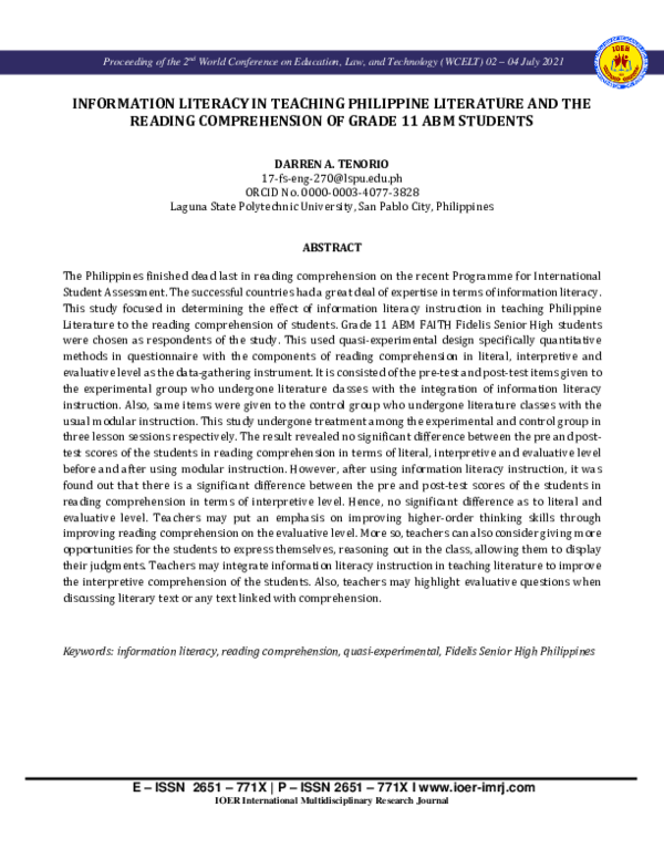(PDF) Information Literacy in Teaching Philippine Literature and the ...